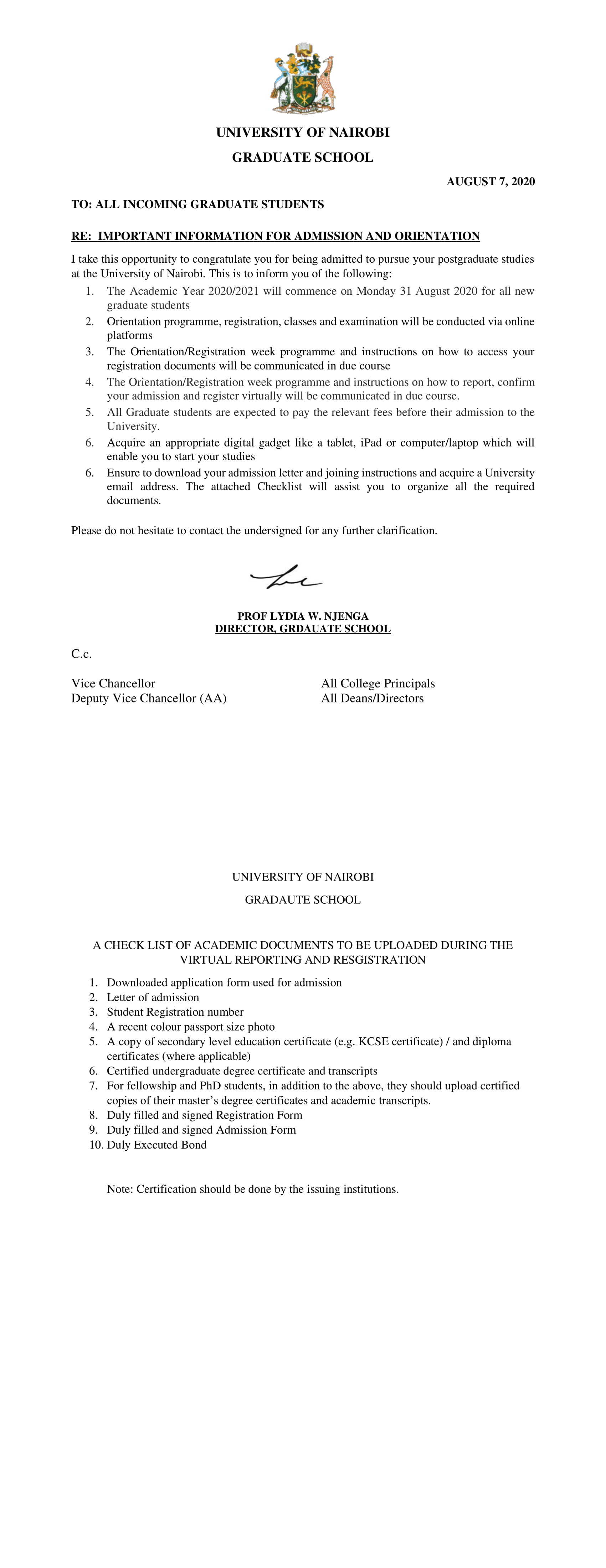 Letter to Incoming Graduate Students 2020-2021 Academic year ...